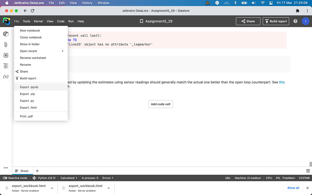 Unable to export notebook - Problems and bugs - Datalore Forum